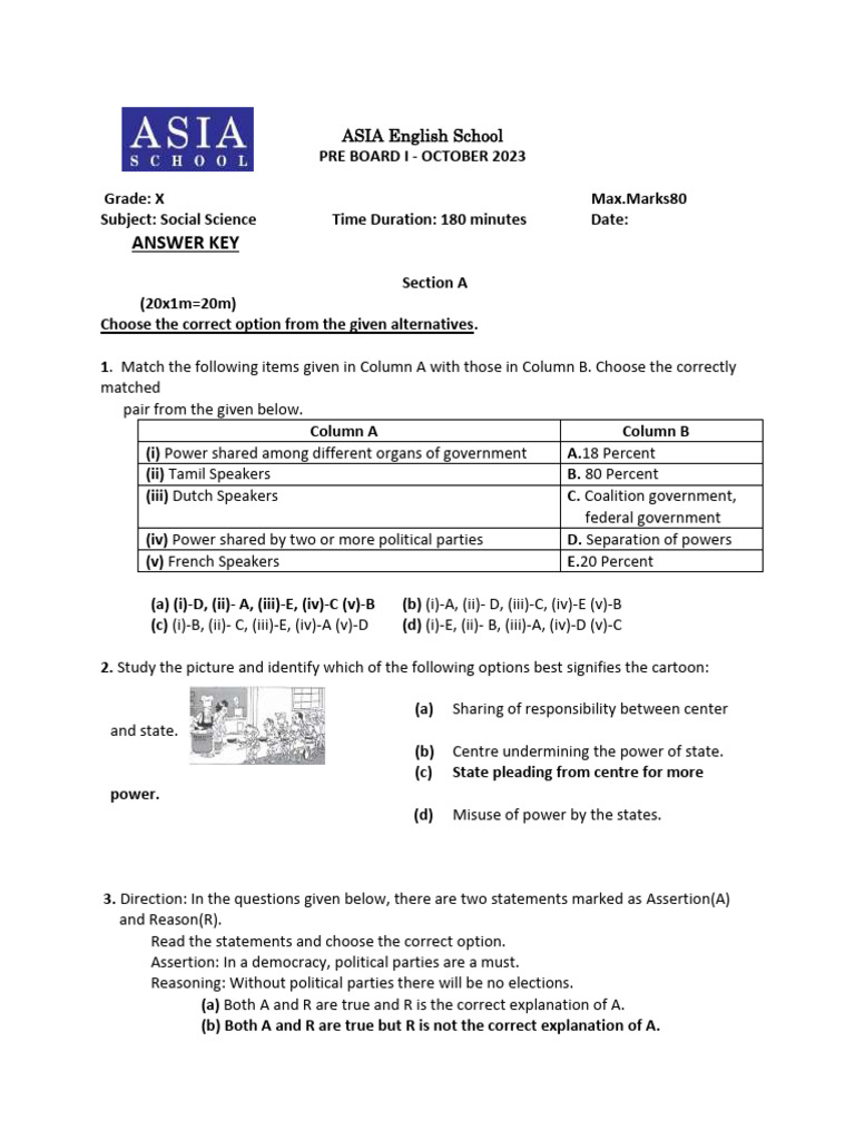 Social Science Pre-Board Exam Answer Key | PDF | Napoleon | Democracy