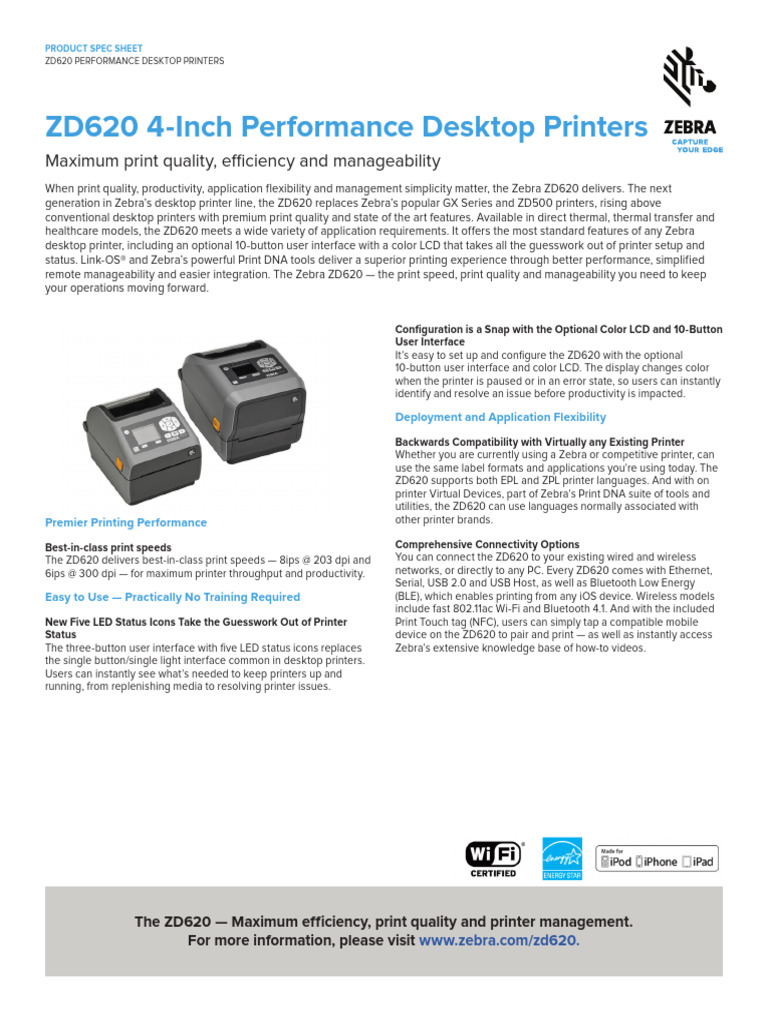 zd620 Specification Sheet en Us | PDF | Printer (Computing) | Usb