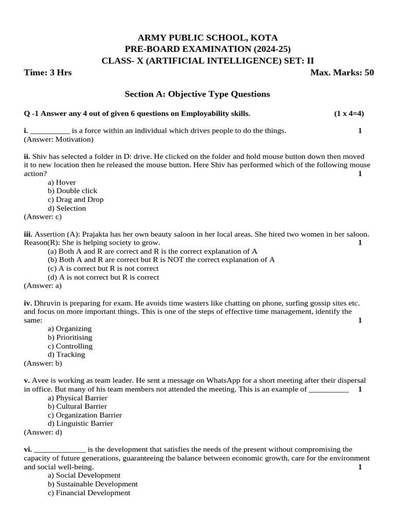 Preboard-2 PAPERS 10 SET-2 - Answer Key | PDF | Machine Learning | Artificial Intelligence