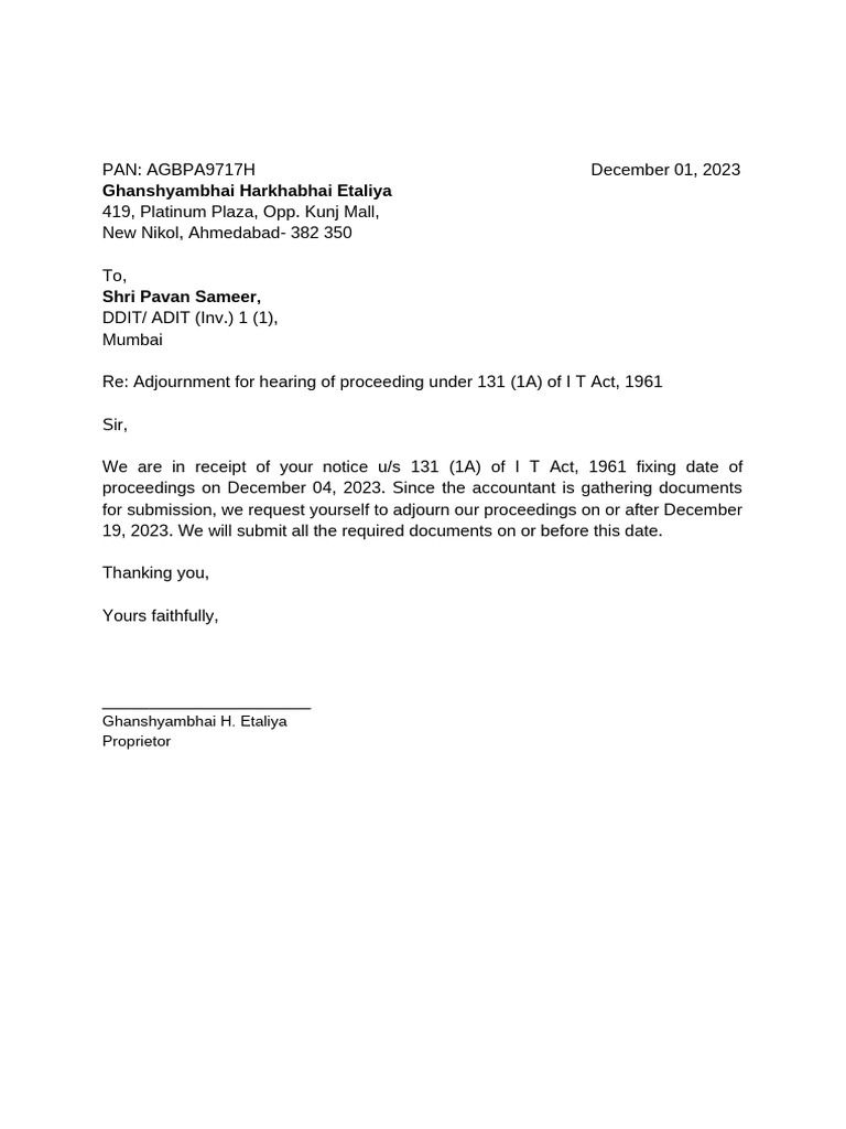 Request for Adjournment under IT Act | PDF
