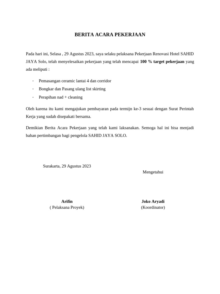 Berita Acara Pekerjaan Mas Arif | PDF