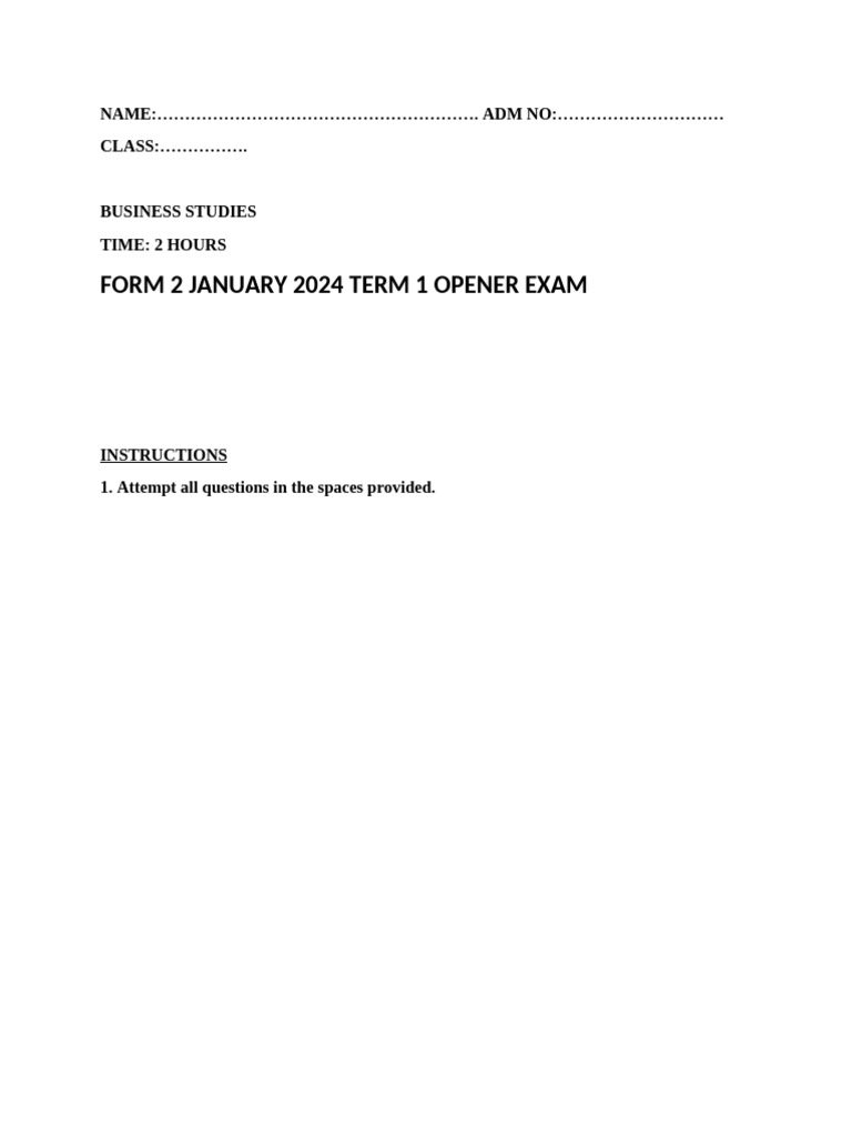 BUSINESS STUDIES FORM 2 OPENER QS | PDF | Economies | Business