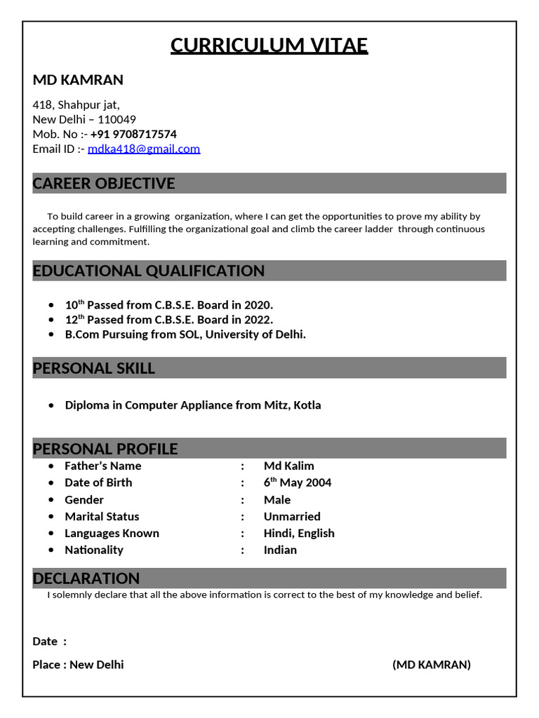 MD Kamran's CV and Career Goals | PDF