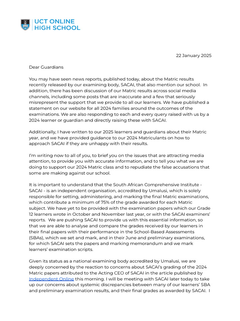 Letter+to+Our+UCT+OHS+Guardians+ | PDF | Curriculum | Learning