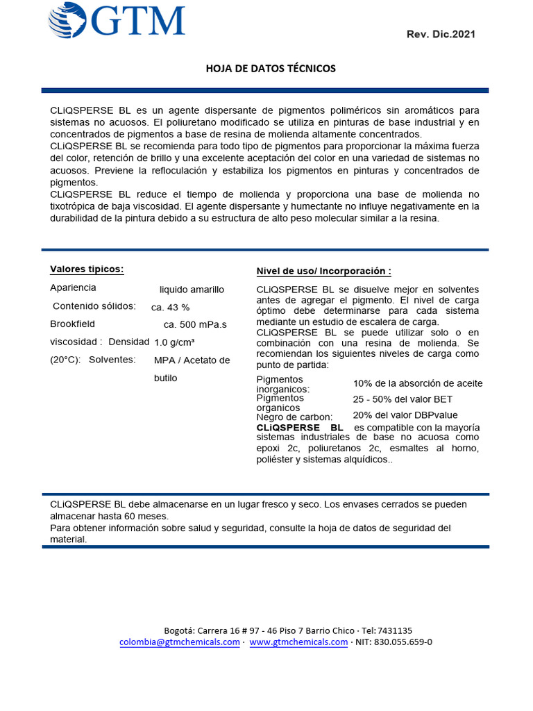FT CLiQSPERSE BL GTM | PDF | Poliuretano | Solvente