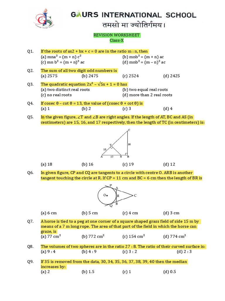 Class-X Revision Worksheet Questions | PDF | Circle | Quadratic Equation