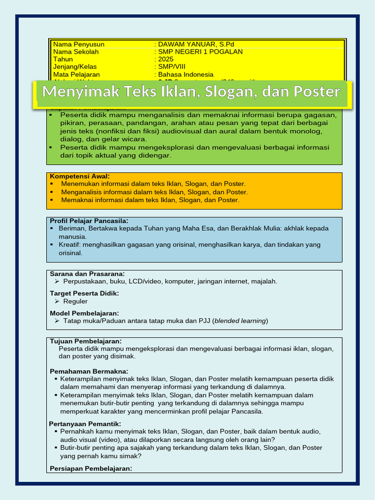 Modul Ajar Iklan, Slogan, Poster - Dawam | PDF