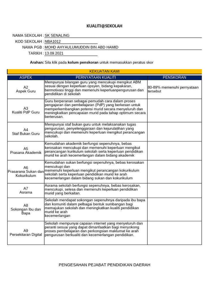 Kualiti Pendidikan SK Senaling 2021 | PDF