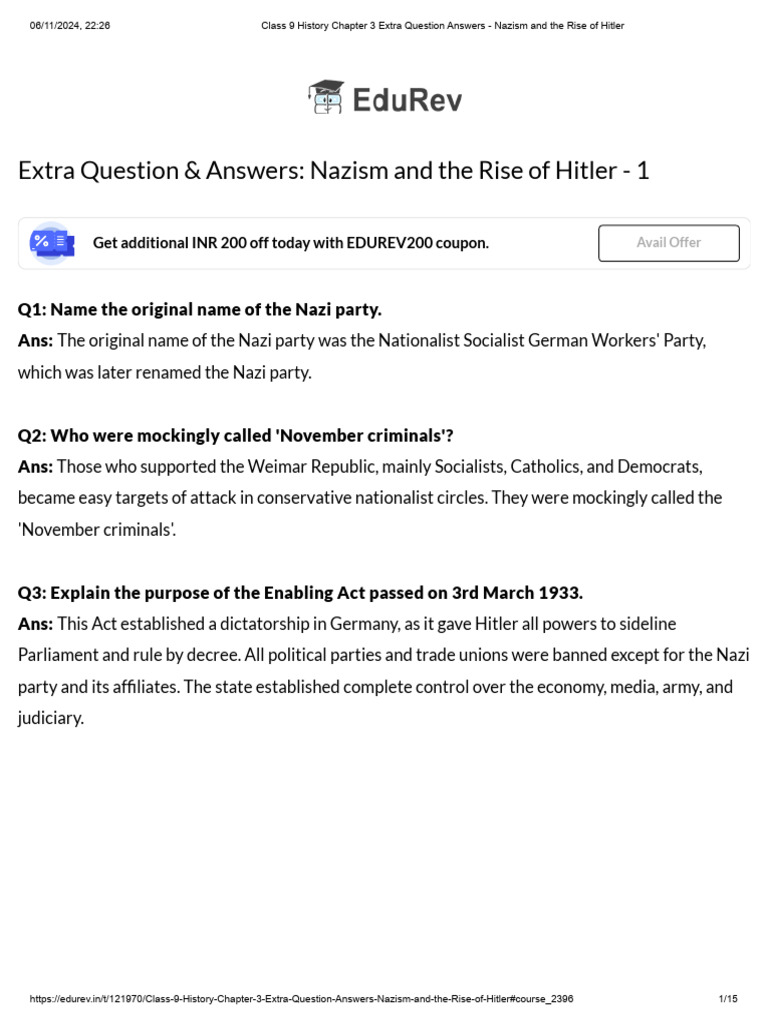 Question Answers - Nazism and The Rise of Hitler | PDF | Nazi Germany ...