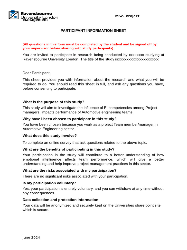 PARTICIPANT INFORMATION SHEET - Example of How To Complete The Form | PDF