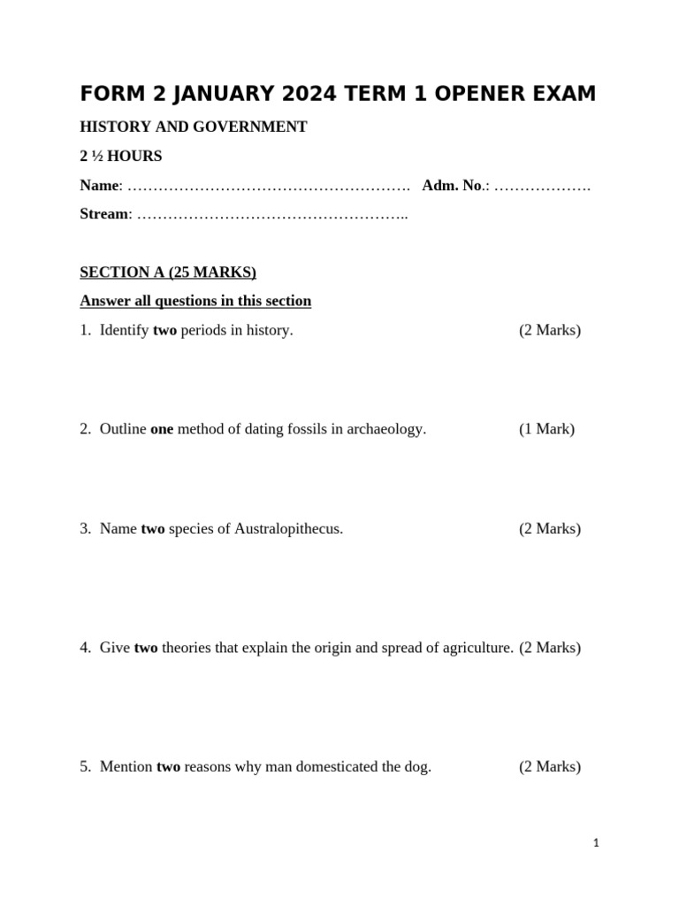 History Form 2 Opener QS | PDF | Kenya | East Africa