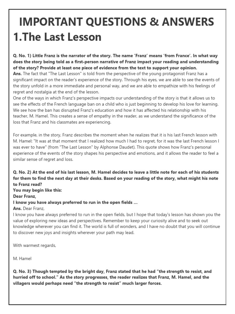 "The Last Lesson: Key Questions & Insights" | PDF | Fear | Poverty