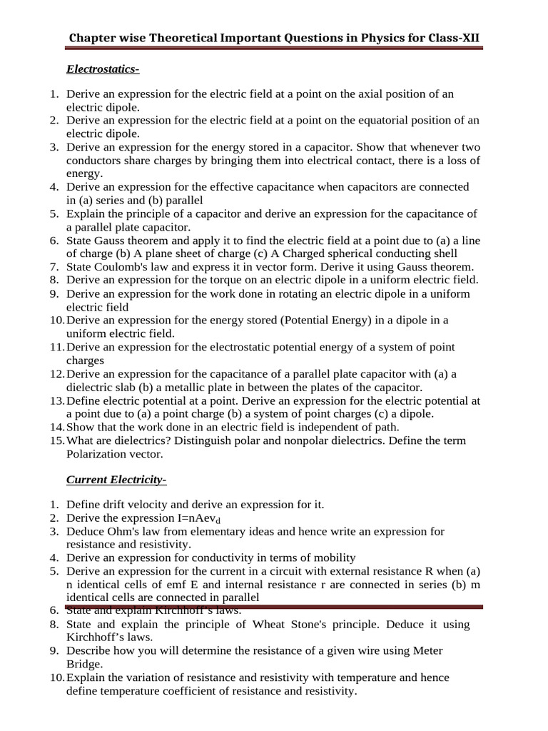 Chapter Wise Important Questions | PDF | Capacitor | Diffraction