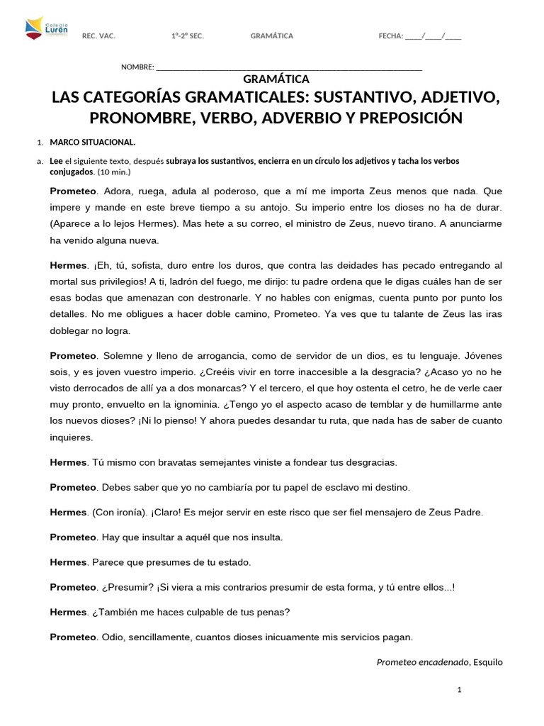 FT. 1° 2° Sec. REC. VAC. GRAM. Las Categorías Gramaticales: Sustantivo ...