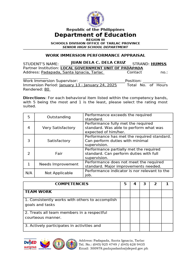 Work Immersion Performance Appraisal | PDF | Performance Appraisal | Business
