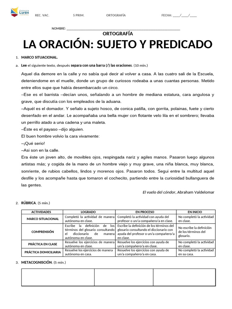 FT. 5° Ort. REC. VAC. SINT. La Oración: Sujeto y Predicado | PDF ...