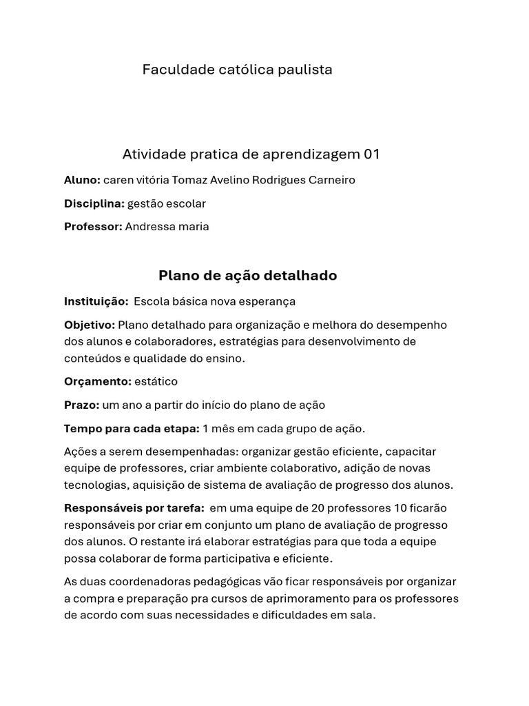 Faculdade Católica Paulista Ap1 Gestao Escolar | PDF