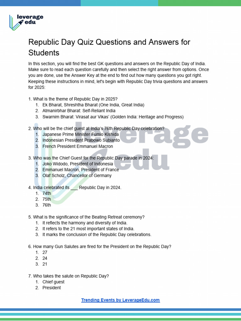 Republic Day Quiz for Students 2025 | PDF