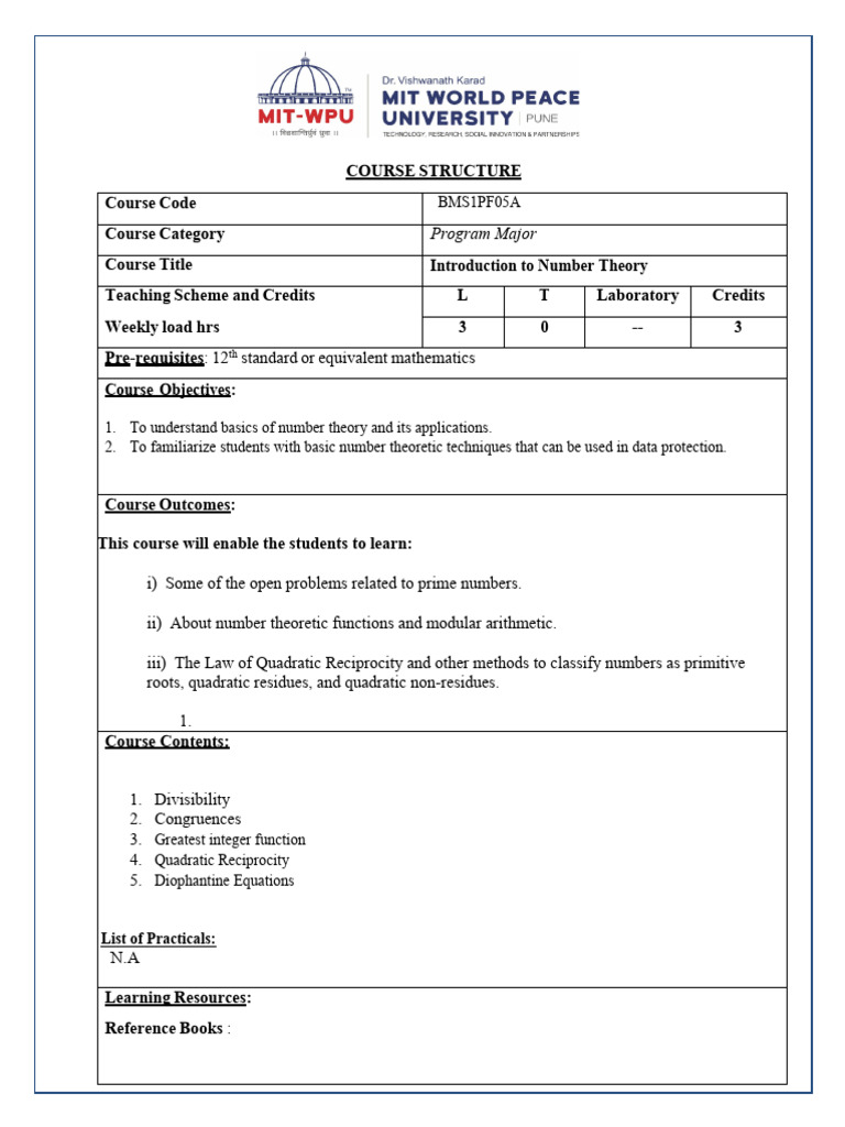 Introduction To Number Theory BMS1PF05A | PDF | Number Theory | Numbers