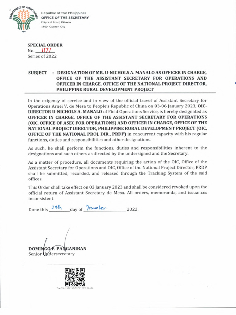 Designation of U-Nichols A. Manalo OIC | PDF