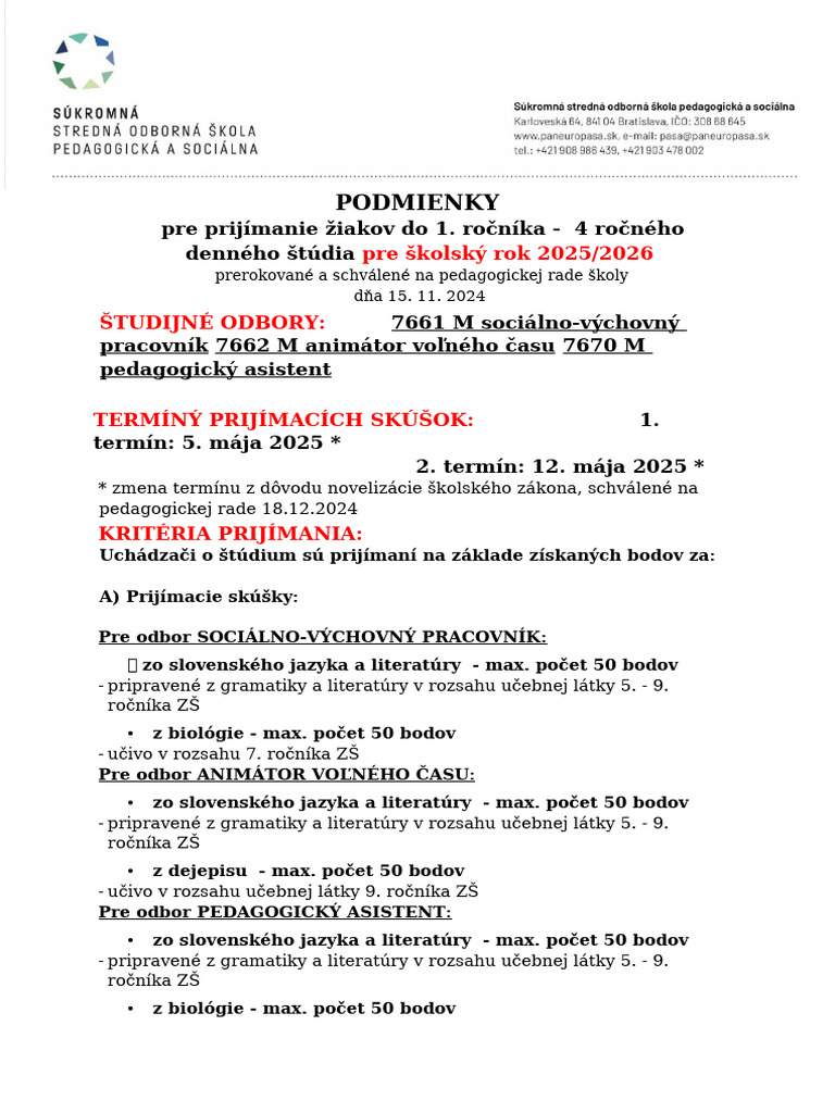 Podmienky Prijimania Animator SV Pracovnik Ped. Asistent 2025 2026 | PDF