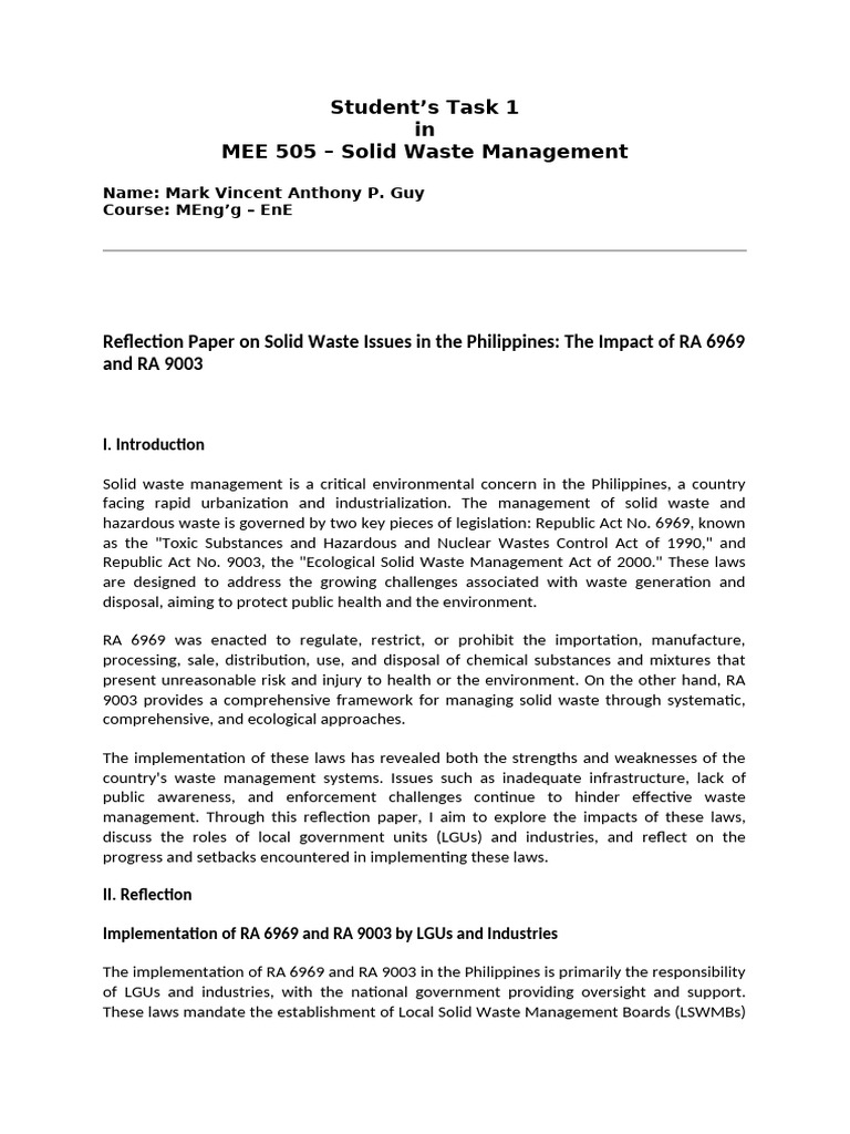 MEE 505 - Student's Task 1 - Engr. Guy - OLD | PDF | Waste Management | Waste