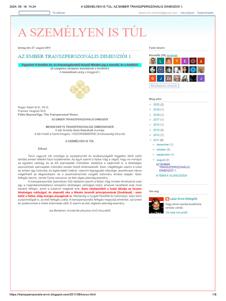 PSZ Az Ember Transzperszonális Dimenziói | PDF