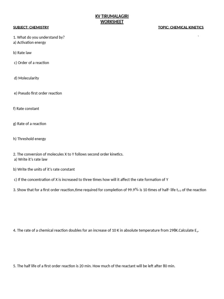 Chemical Kinetics Worksheet | PDF | Reaction Rate | Chemical Reactions