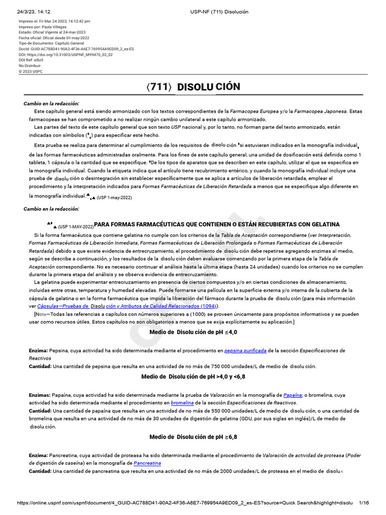 Disolución: Normas y Métodos USP | PDF | Medicamentos con receta | Farmacia