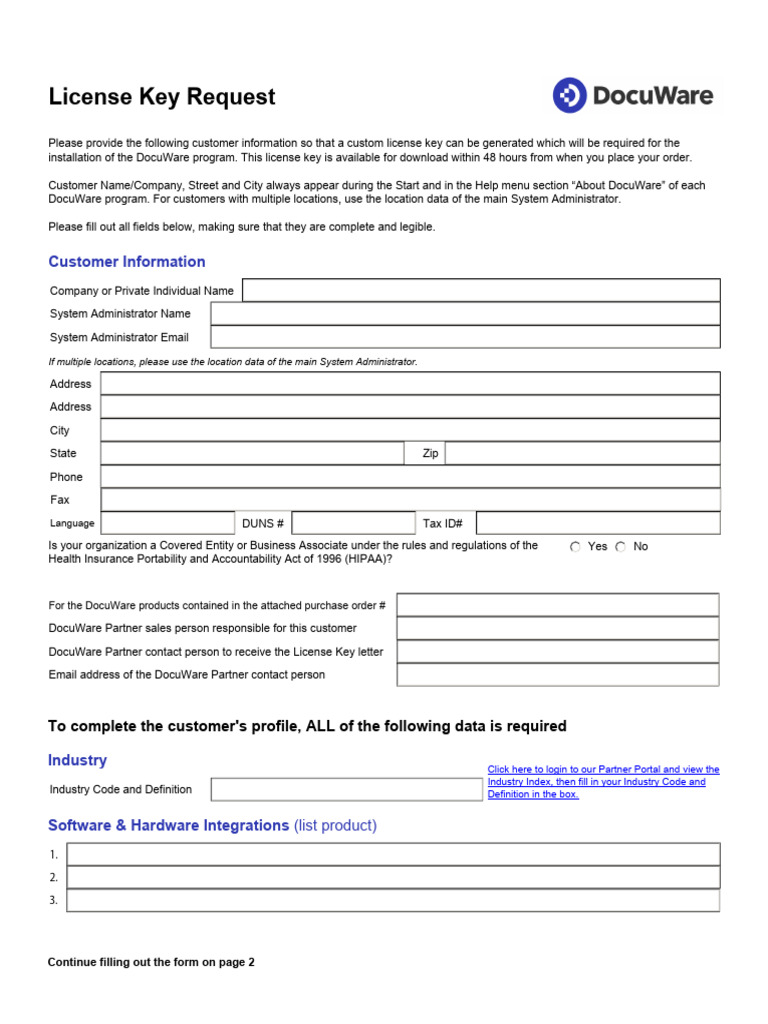 DocuWare License Key Request Form | PDF | Fax | Regulatory Compliance