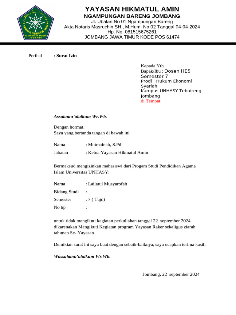 A Surat Ijin Tidak Mengikuti Kuliah | PDF