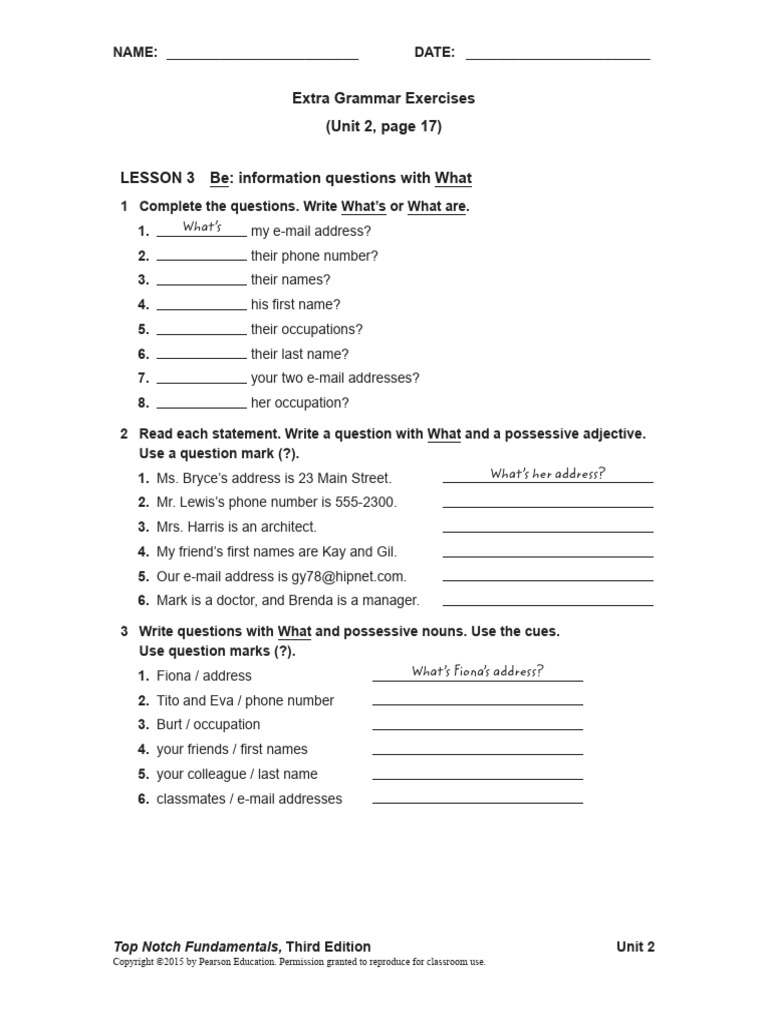 Unit 02 Extra Grammar Exercises p17 | PDF