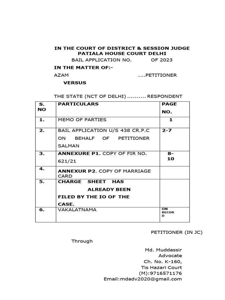Bail Application for Azam in Delhi Court | PDF | Crimes | Crime & Violence
