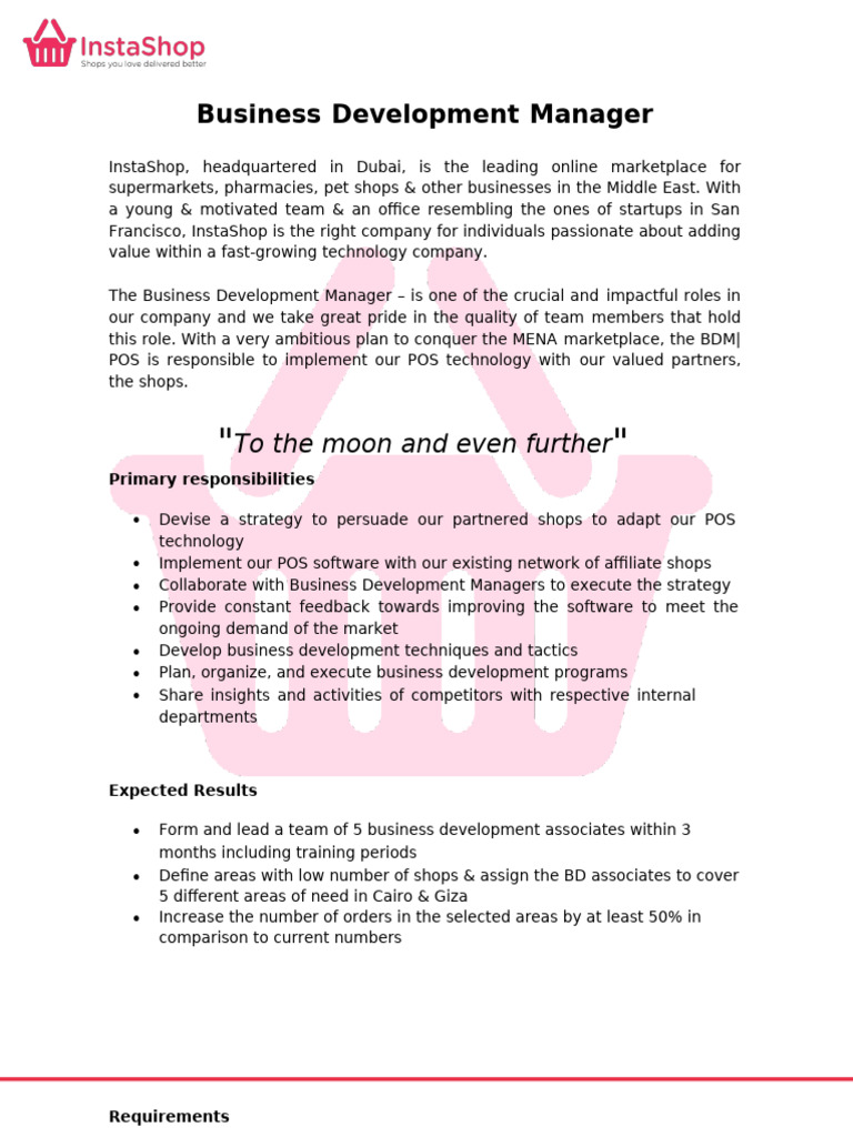 Business Development Manager Role at InstaShop | PDF