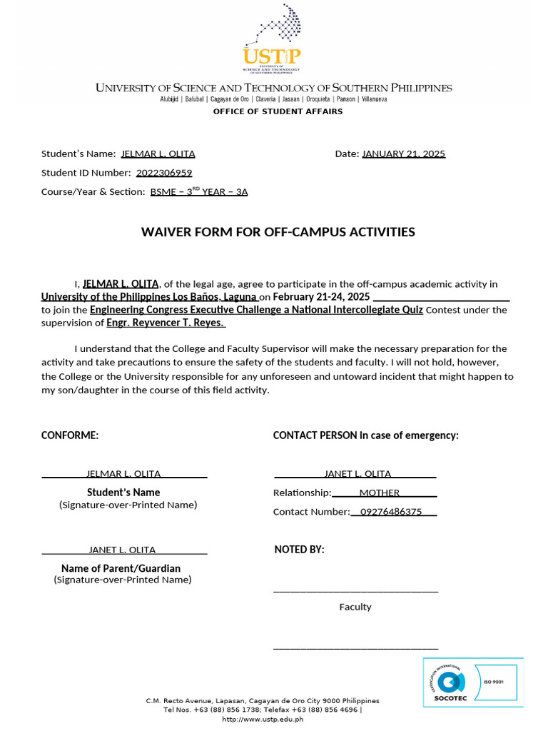 Waiver Form For Off Campus Activities | PDF