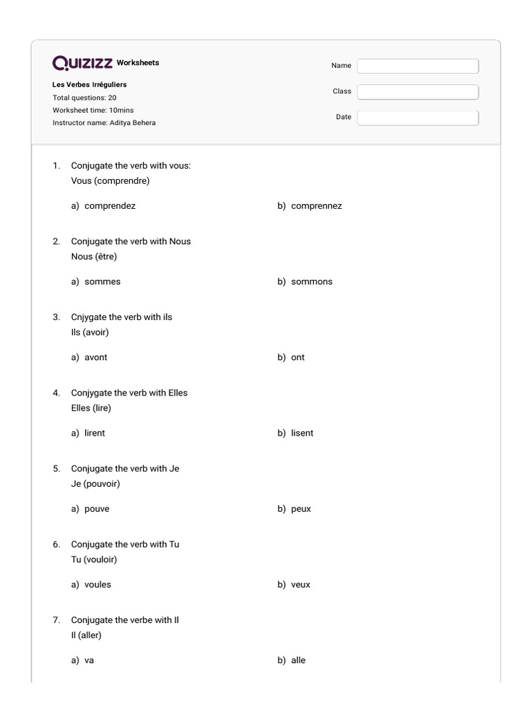 Les Verbes Irréguliers - Quizizz | PDF