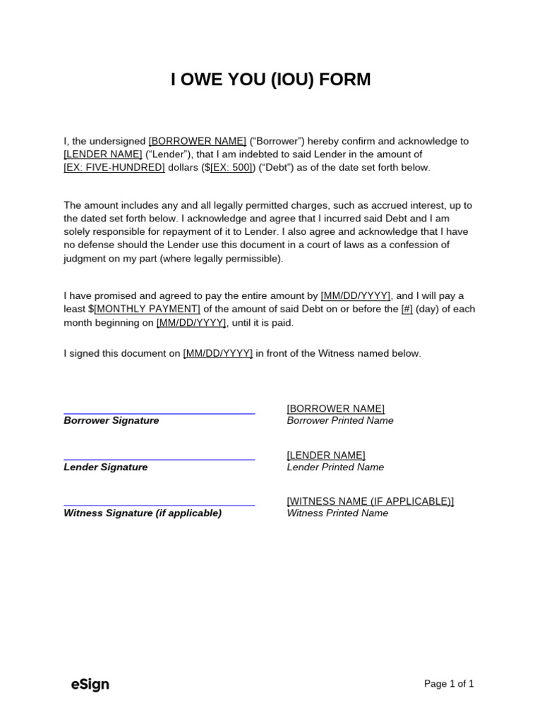 Standard IOU Form Template | PDF