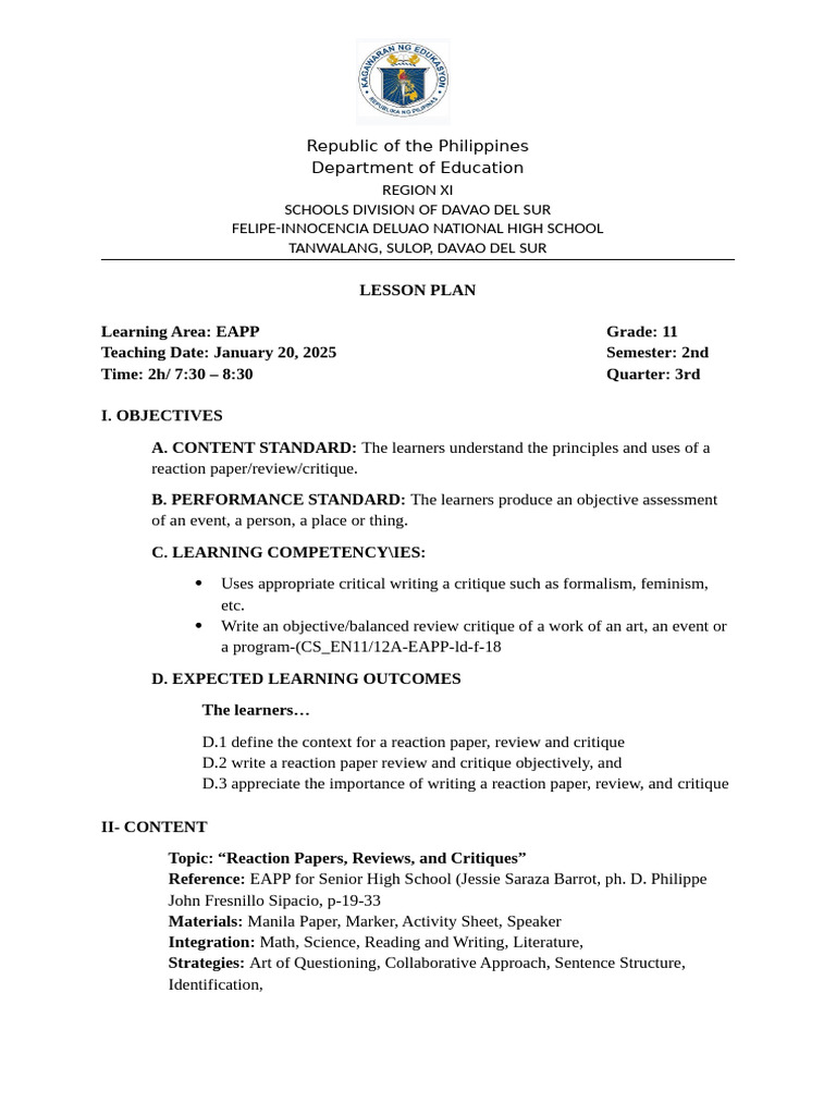 EAPP Lesson Plan: Critique Writing Guide | PDF | Zeus | Feminism