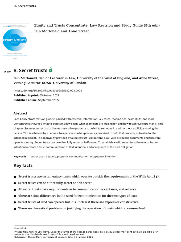 Secret Trusts Study Guide | PDF | Will And Testament | Civil Law (Legal ...