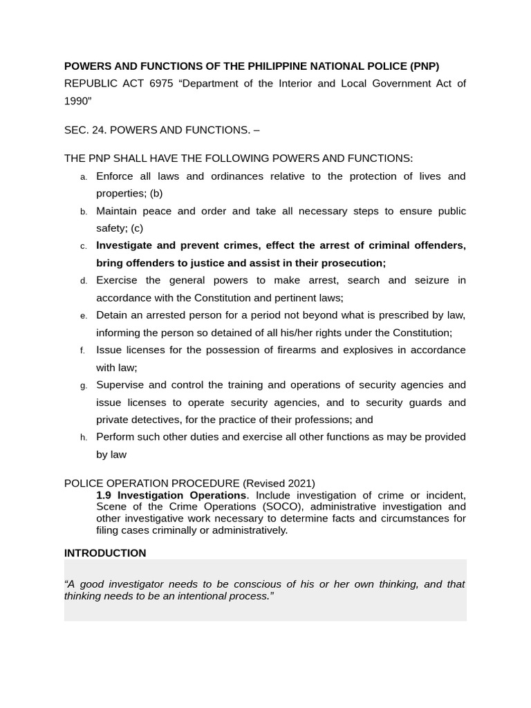 PNP Powers and Criminal Investigation Guide | PDF | Crimes | Crime ...