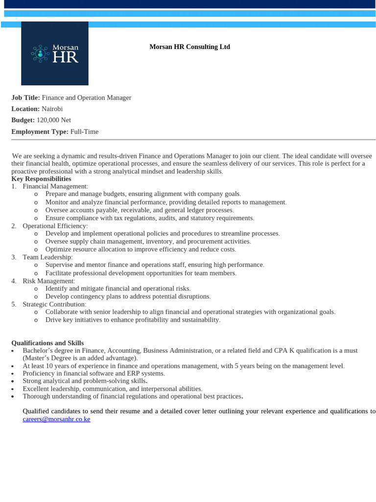 Finance and Operatins Manager Job Advert | PDF