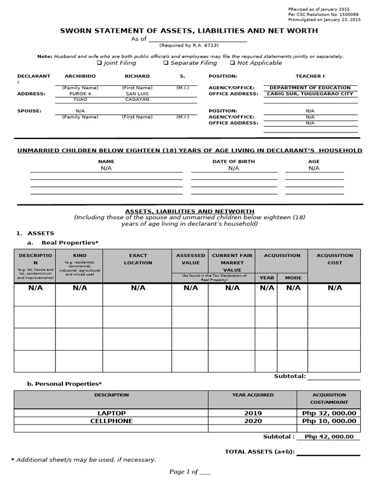 2015 Saln Form 1 3copies Richard | PDF | Net Worth