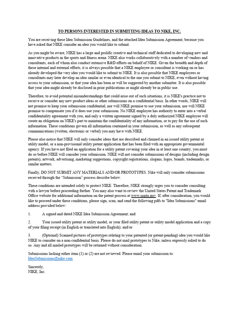 Nike Idea Submission Guidelines | PDF | Glossary Of Patent Law Terms ...