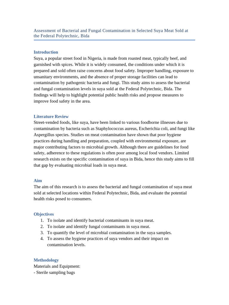 Suya Meat Contamination Proposal-1 | PDF | Food Safety | Meat