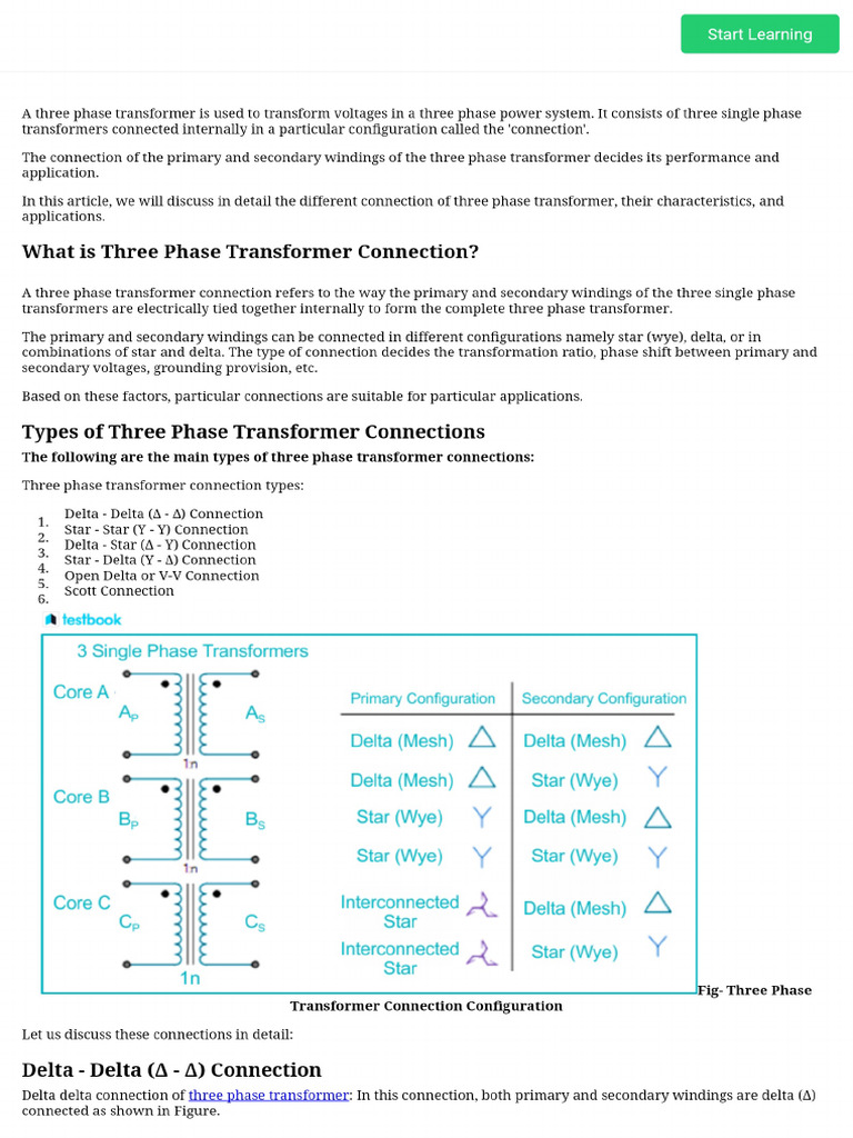 Three Phase Transformer Connections - Know Types, & Diagram | PDF