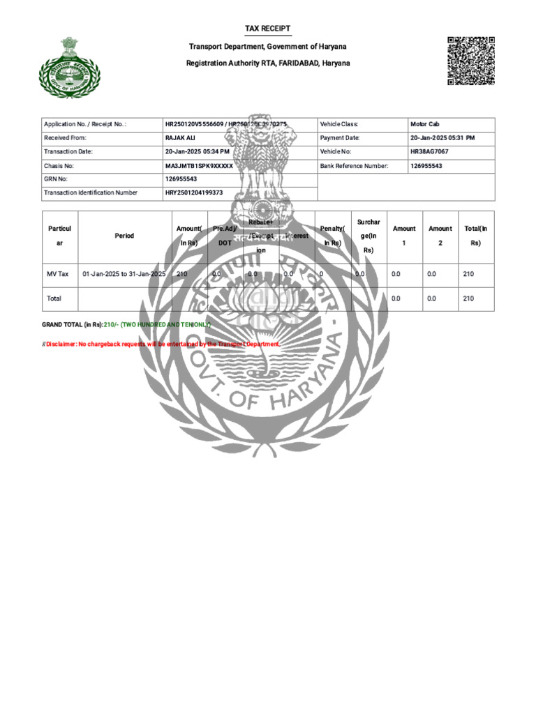 Haryana Motor Cab Tax Receipt 2025 | PDF