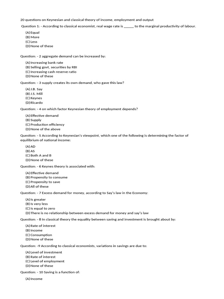 20 questions | PDF | Keynesian Economics | Economics