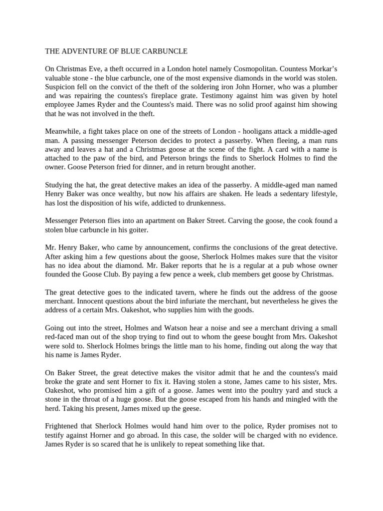 The Adventure of Blue Carbuncle Summary | PDF | Sherlock Holmes Short ...