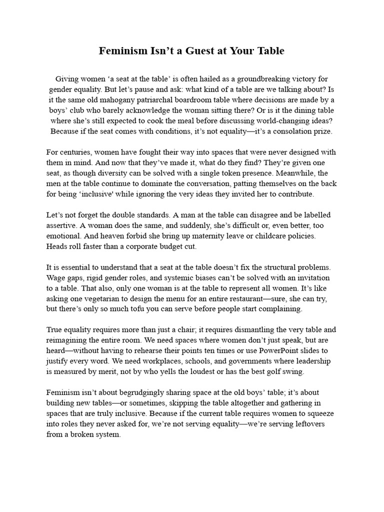 Feminism Isn't A Guest at Your Table | PDF | Restaurants | Egalitarianism
