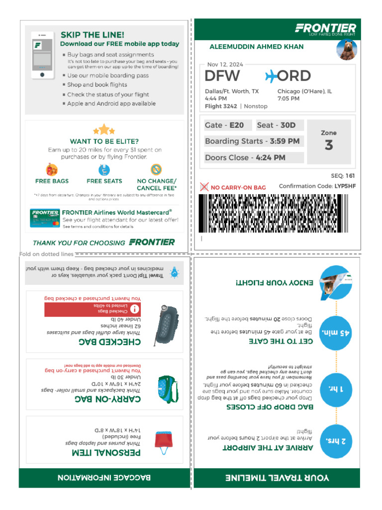 Boarding Pass - Frontier Airlines Dallas To Chicago | PDF | Aviation ...